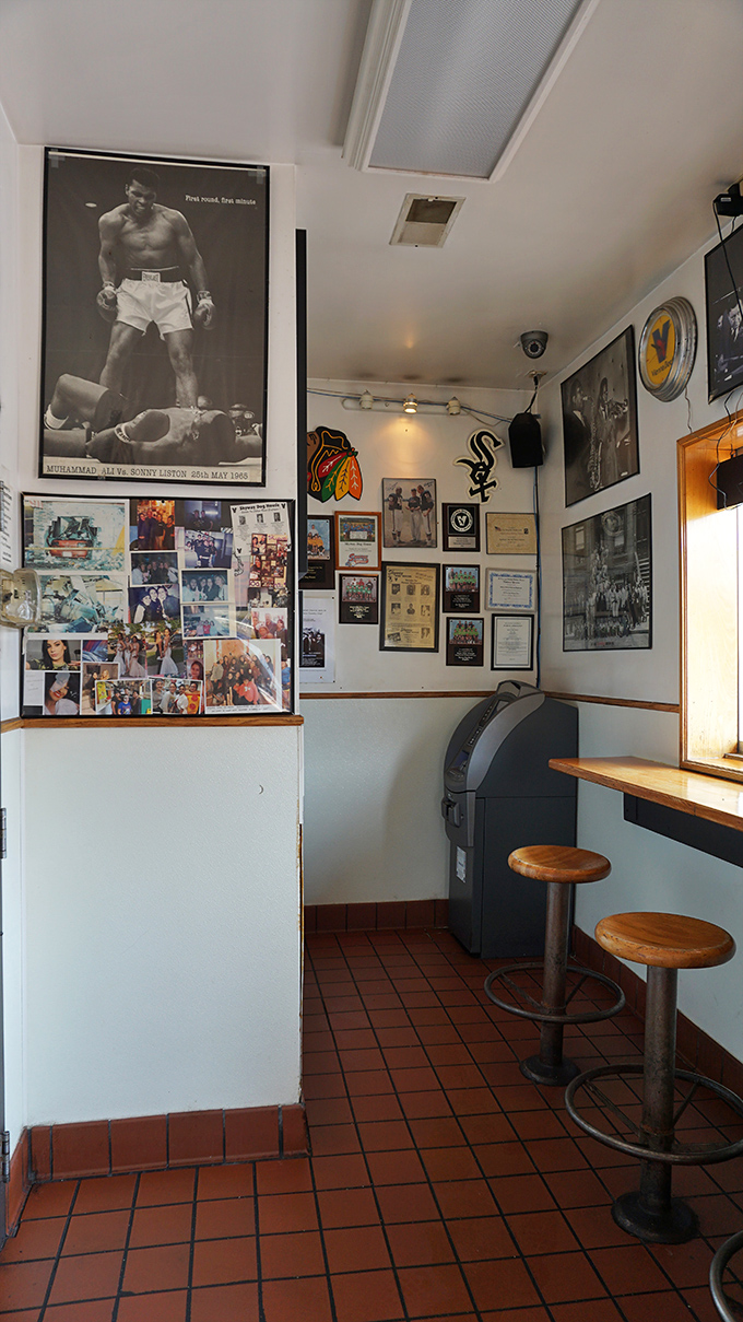 The walls tell stories of Chicago sports legends and neighborhood history. This isn't decoration—it's a community scrapbook hanging for all to see.