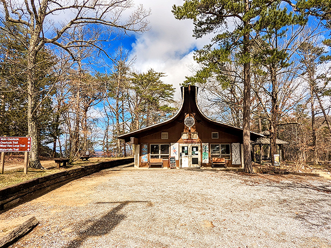 The visitor center stands like a welcoming woodland friend, its distinctive roofline practically shouting "adventure information dispensed here!" 