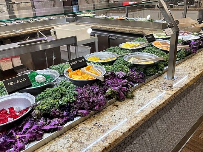 The dessert station's jello rainbow—where adults can reconnect with childhood joy while pretending they're just getting it for the kids.