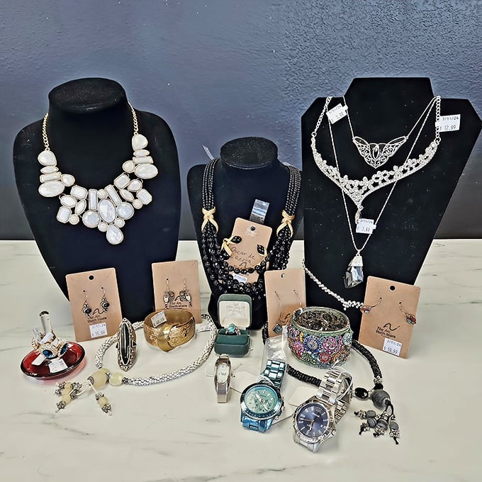 The jewelry display—where someone's "I'm over this" becomes your "I can't believe I found this!" in the ultimate fashion circle of life.