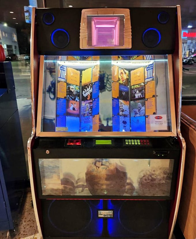 The jukebox – a glowing shrine to musical nostalgia that lets you soundtrack your meal with everything from Sinatra to The Smiths.