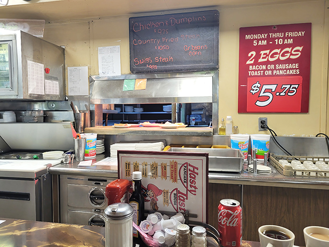 Where the magic happens – this kitchen window offers a glimpse into the choreographed breakfast ballet that produces those legendary biscuits and gravy.