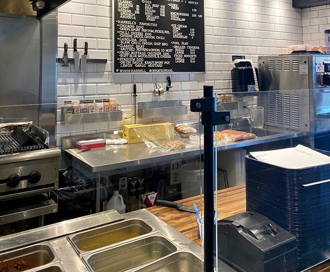 Behind every great hot dog is a meticulously organized kitchen – stainless steel, subway tile, and systems designed for hot dog perfection.