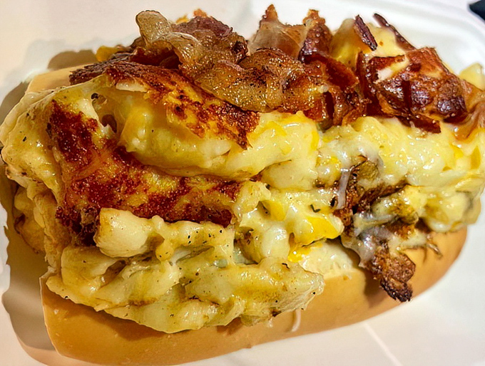The Mac and Cheese Dog—where two comfort food classics stop competing and start collaborating in a carb-loaded masterpiece.