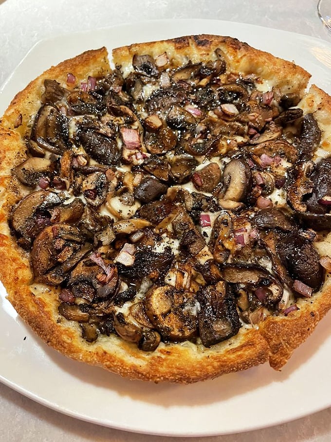 Mushroom pizza elevated to an art form—caramelized fungi and red onions creating a umami concert on perfectly blistered crust.