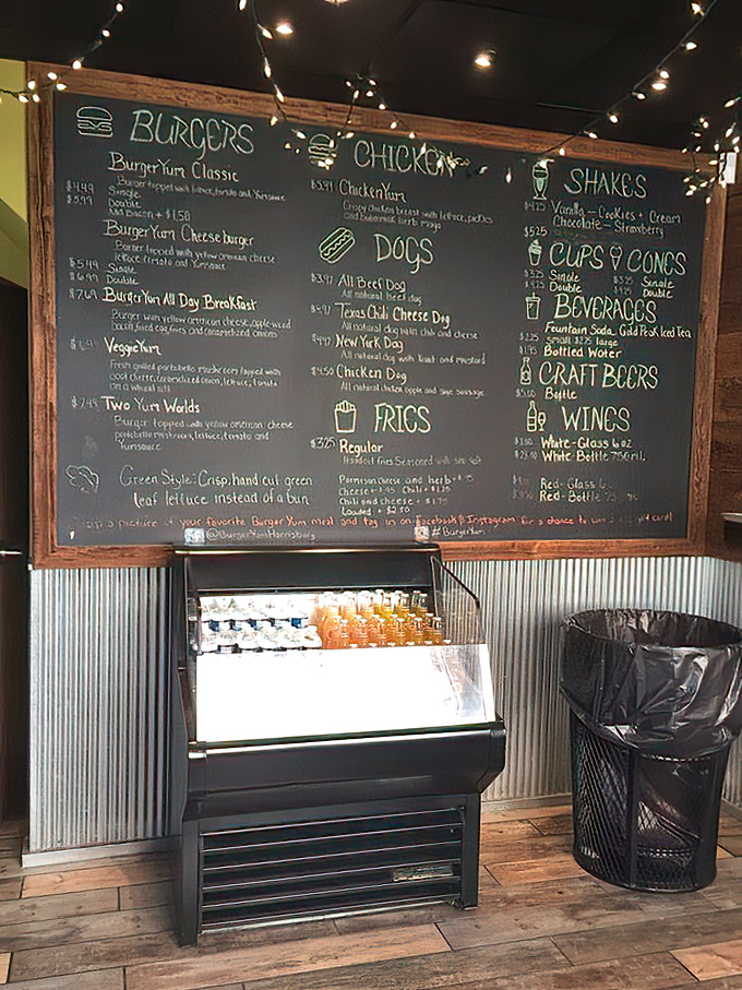 A menu board that cuts through the noise—no QR codes, no apps, just chalk and choices. String lights add that touch of everyday magic.