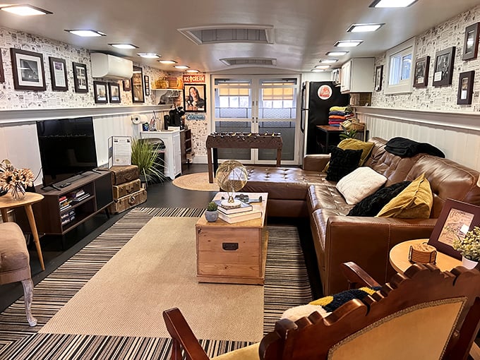 The modern living space offers comfortable seating and entertainment options. After a day of "Did you see that giant shoe?" conversations, you'll appreciate the relaxation.