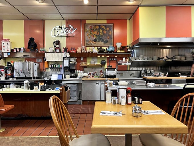 The open kitchen design isn't trendy here—it's practical. Nothing to hide when you're doing breakfast right for decades.