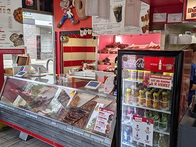 The counter where magic happens – donuts on one side, gyros on the other, and happiness delivered across the divide.