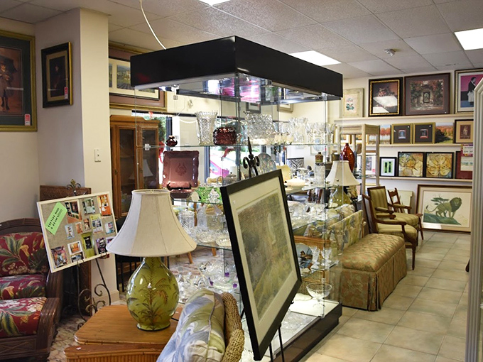Art, lamps, and furniture coexist in this corner of curated chaos. One person's redecorating project becomes another's perfect find. 