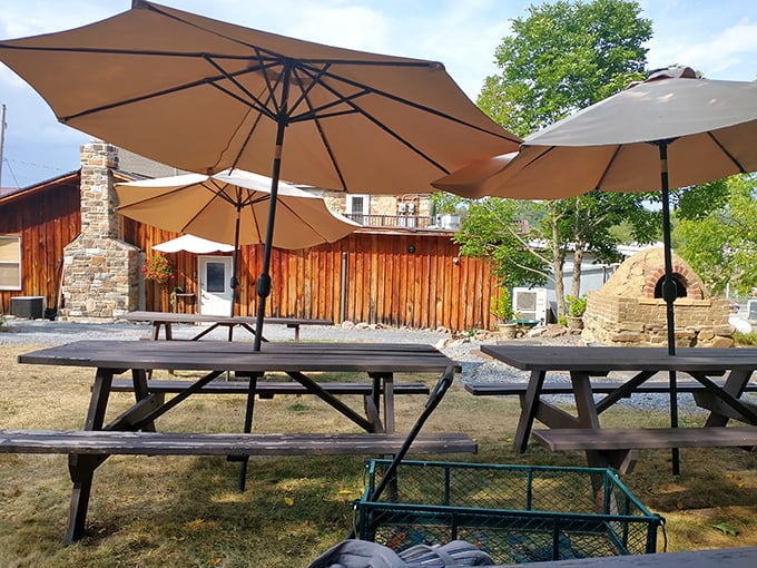 Outdoor dining that makes picnics look primitive. These umbrella-shaded tables offer front-row seats to Pennsylvania's rolling landscape—nature's dinner theater.