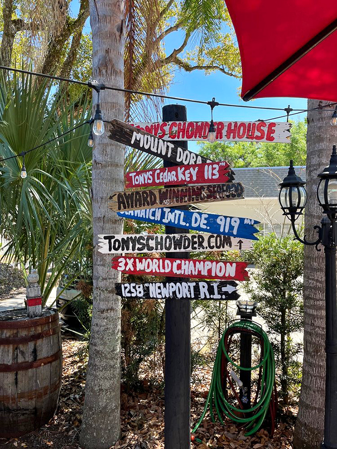 This directional sign doesn't just point the way—it broadcasts Tony's achievements. "Ex World Champion" isn't just bragging when you can back it up.
