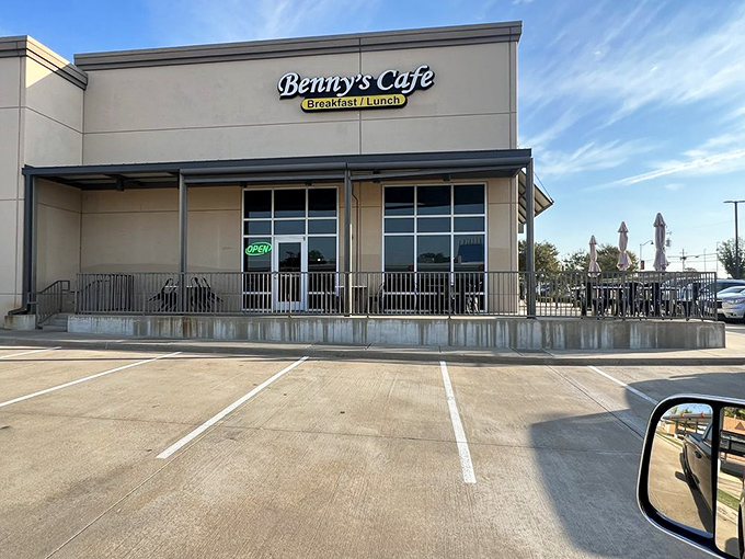 The patio at Benny's offers al fresco dining with a side of people-watching—Texas breakfast theater at its finest.