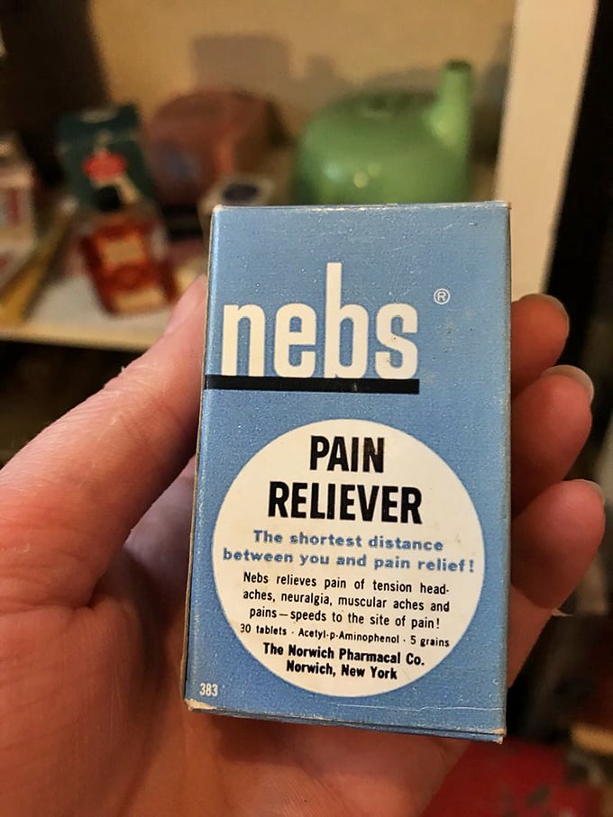 Remember Nebs? This vintage pain reliever packaging is a time capsule from medicine cabinets past – when graphics were simple and aspirins were aspirins.