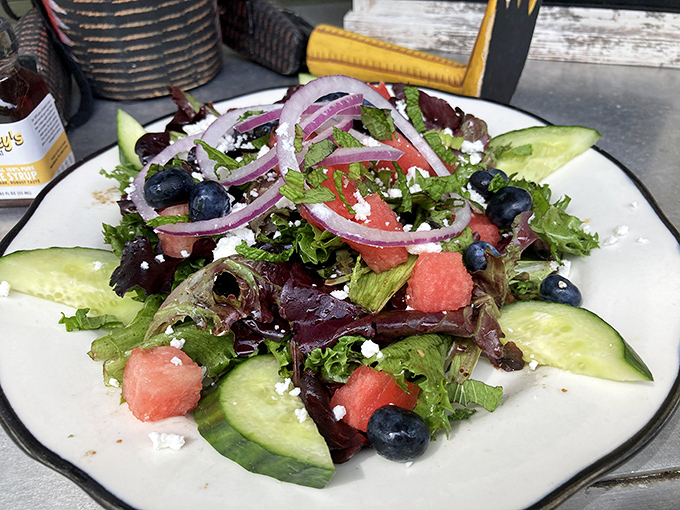 A summer salad that actually satisfies – watermelon, blueberries, and feta creating the kind of harmony that makes vegetarians smug.