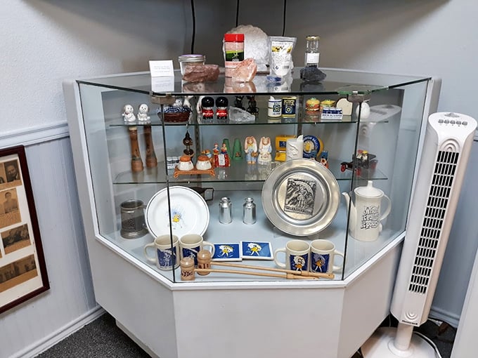 Salt shakers, figurines, and memorabilia galore! This display case proves salt has seasoned our culture far beyond the dinner table.