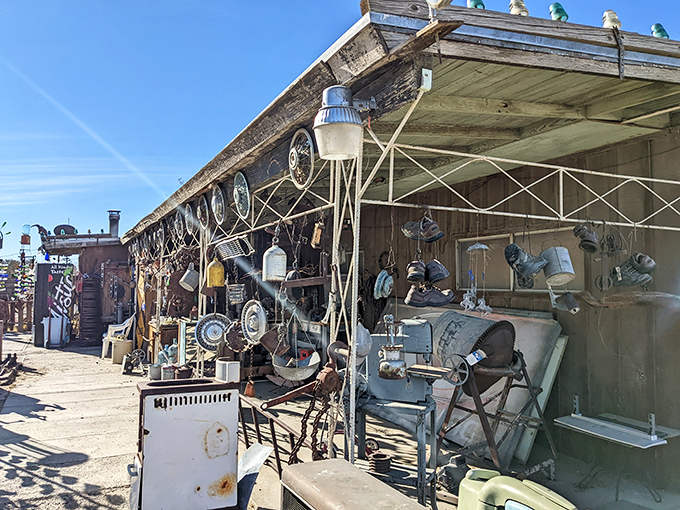 Hardware heaven! This shed wall displays decades of American ingenuity, from kitchen gadgets to farm tools, all basking in desert sunshine.