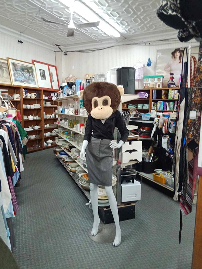 Meet the mannequin greeter—part quirky mascot, part fashion model, entirely unexpected in this labyrinth of secondhand treasures.