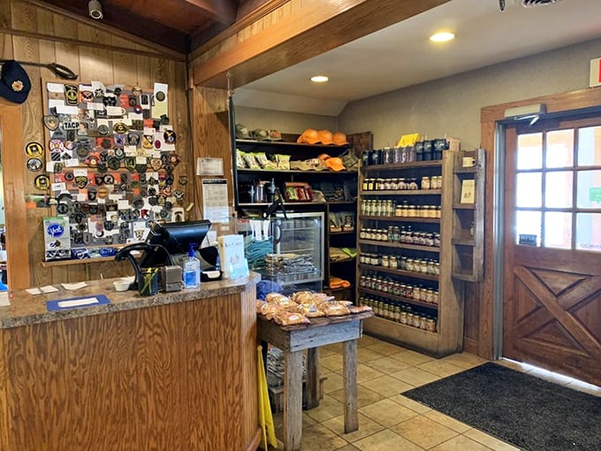 Part country store, part restaurant entrance—this space tells you everything about the unpretentious experience awaiting inside. No frills, just honest goodness.
