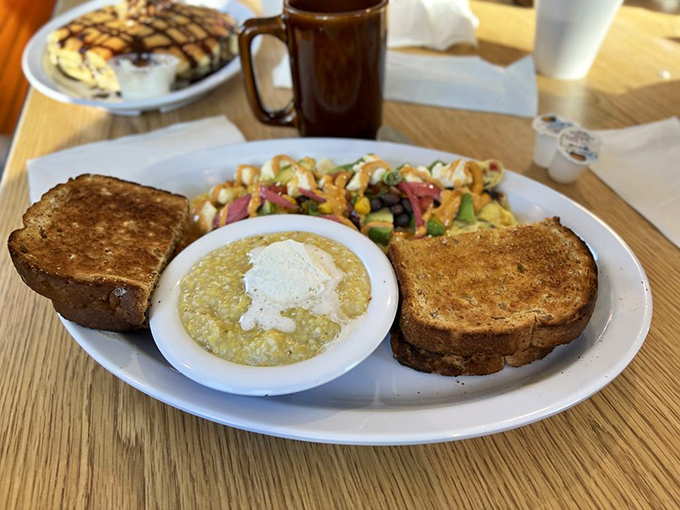 Grits with personality and perfectly golden toast—the supporting actors that deserve their own standing ovation in the breakfast theater.