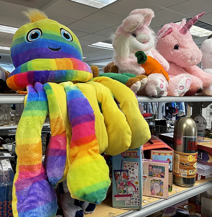 Plush pals waiting for new homes – that rainbow octopus has clearly seen some things and is ready to tell tales in a child's imagination.