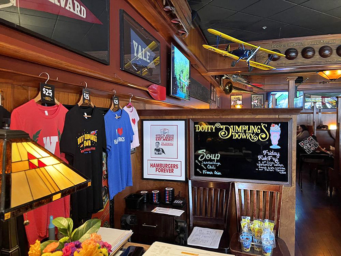 The merch wall proudly proclaims "HAMBURGERS FOREVER"—less a statement of menu options and more a life philosophy worth embracing.