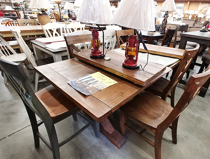 Gather 'round this rustic dining set where family stories will unfold. Those red lanterns aren't just lighting fixtures—they're ambiance creators for future memories.