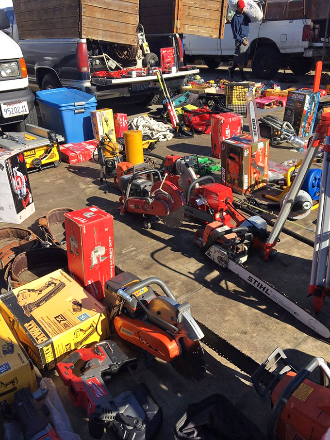 The tool hunter's dream landscape – chainsaws and power equipment waiting for second chances and DIY heroes.