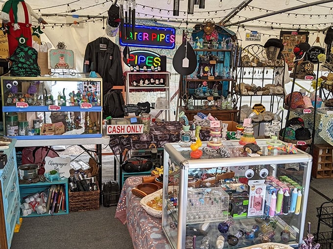 A retail wonderland where water pipes meet trinkets—this vendor's eclectic collection proves one person's random is another's must-have.