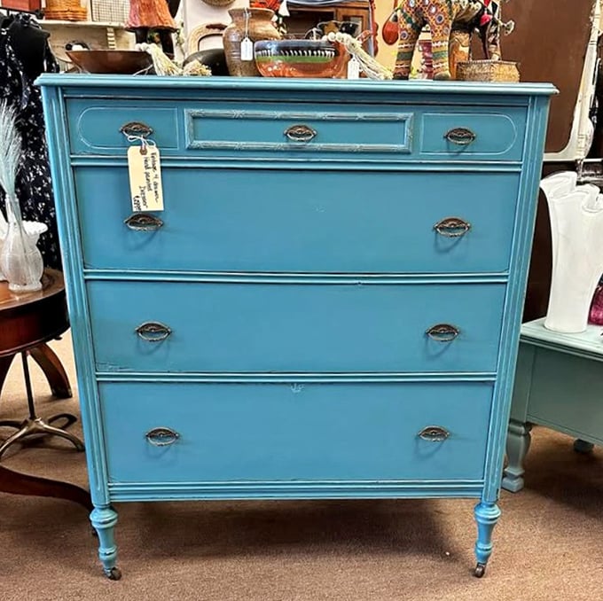 This blue dresser isn't just furniture – it's a statement piece that's lived multiple lives and is ready for its next chapter in someone's carefully curated bedroom. 