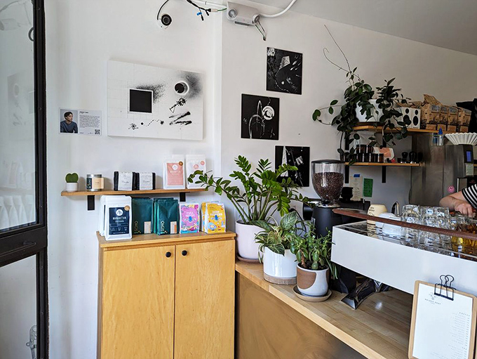 The coffee bags, minimalist art, and thriving plants create a space that feels curated without trying—like your coolest friend's apartment but with better coffee.