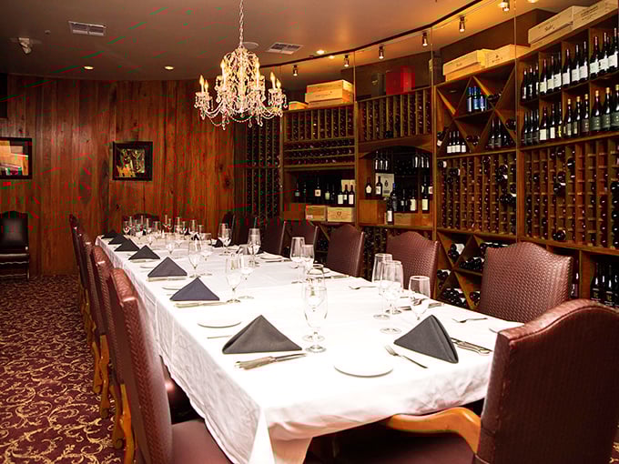 The wine room whispers sophistication while promising perfect pairings for whatever magnificent beef adventure awaits your palate. 