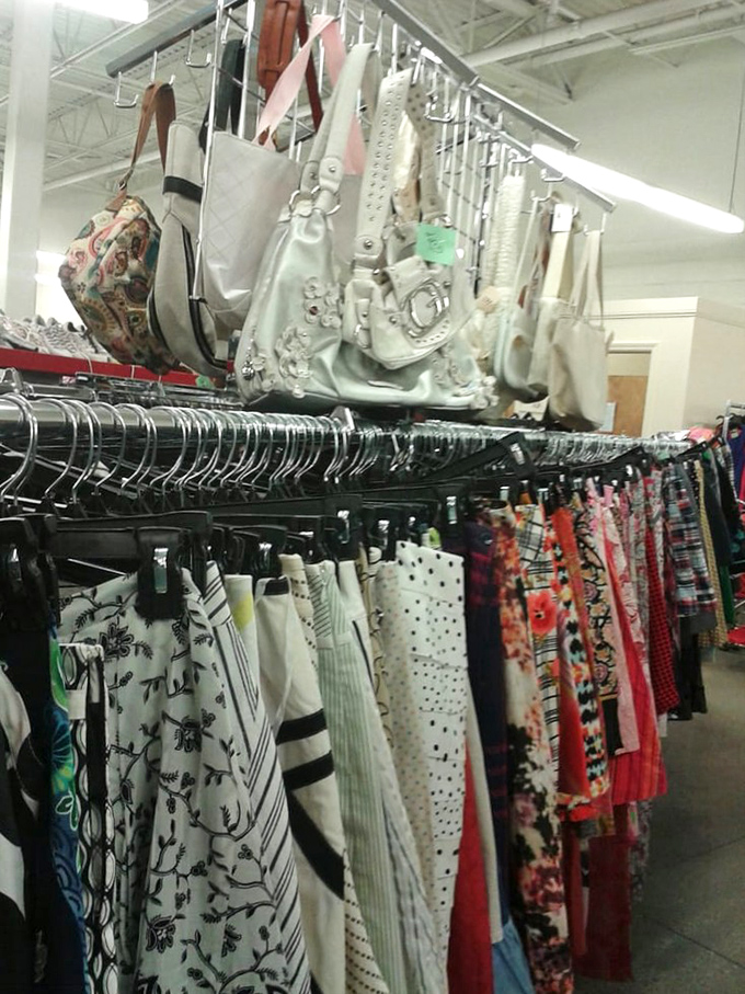 Handbag heaven meets pattern paradise—the accessories section offers both statement pieces and wardrobe workhorses for a fraction of retail prices.