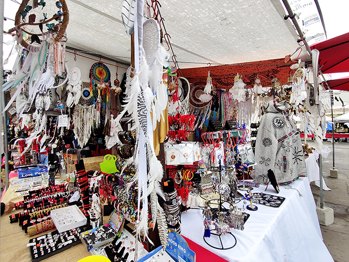 Dreamcatchers and handcrafted treasures dance in the gentle breeze, each telling stories of artistry and cultural traditions.
