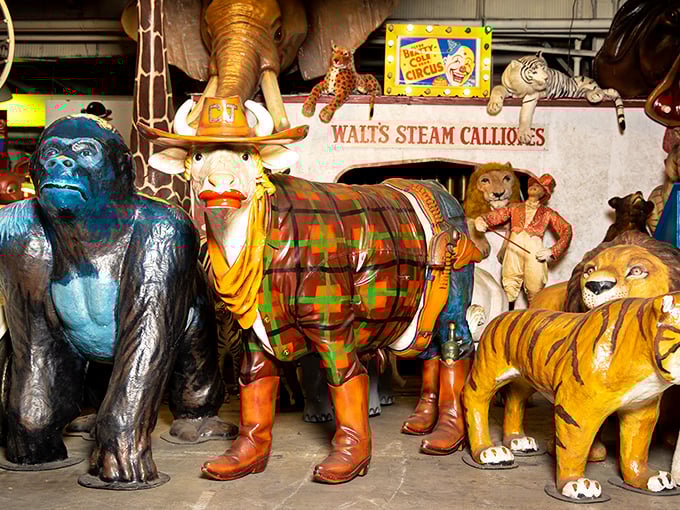 The jungle comes to Pennsylvania with these vintage carnival animal figures. That plaid-jacketed bull definitely has personality.