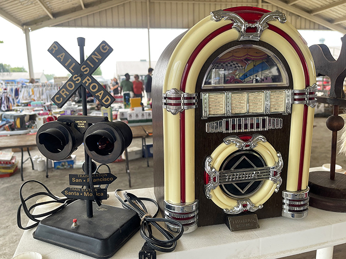 That vintage jukebox and railroad crossing signal aren't just nostalgic decorations – they're time machines disguised as conversation pieces.