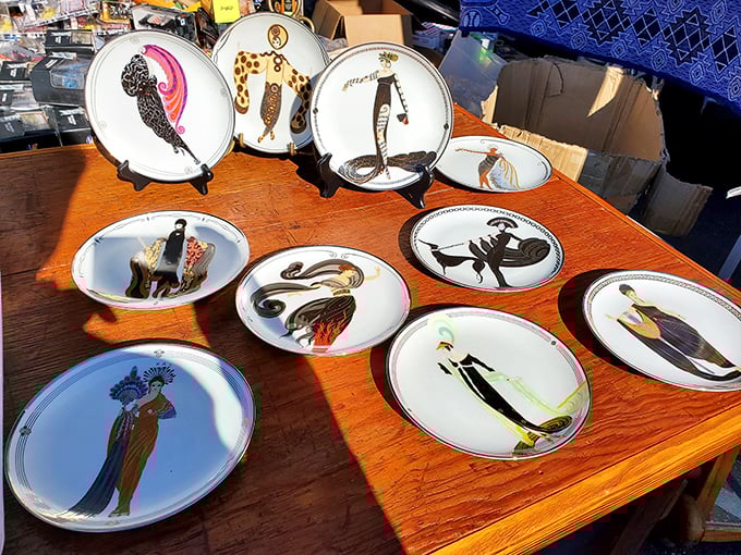 Art Deco plates showcase elegant figures in timeless poses, turning everyday dining into sophisticated theatrical performances.