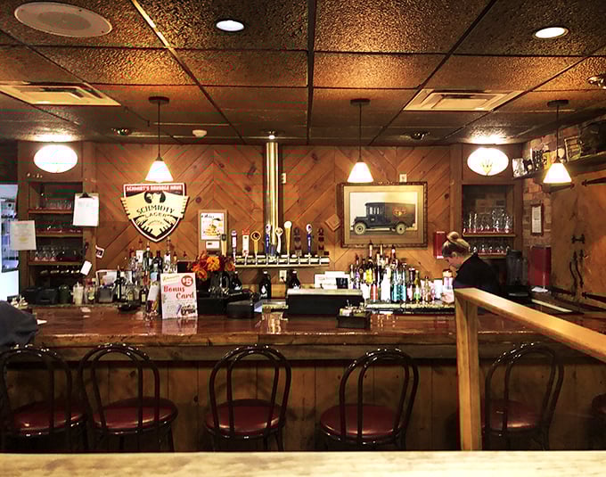 The bar area, with its wooden paneling and vintage décor, looks like the kind of place where everybody knows your name—or at least your beer preference.