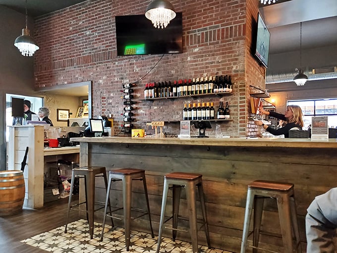A bar that balances rustic charm with urban sophistication. Those wooden barstools have heard some stories—and are ready for yours.
