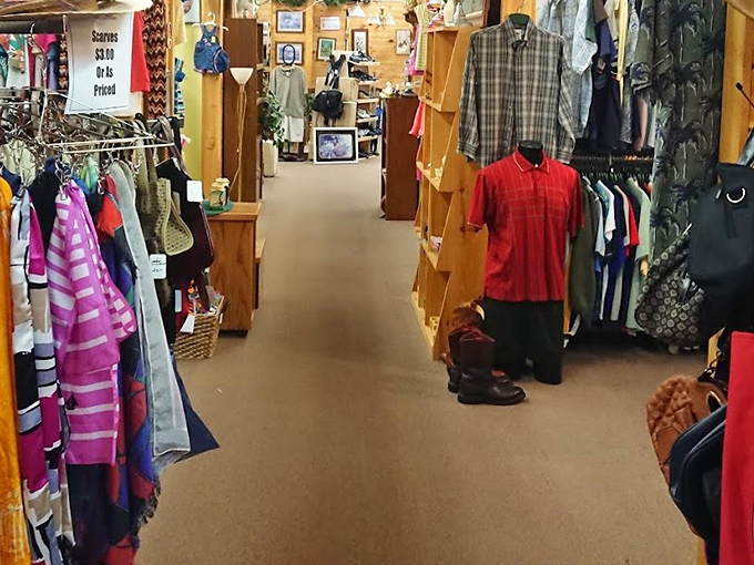 This aisle view reveals the methodical organization behind Ruby's – a thrift store with the heart of a boutique.