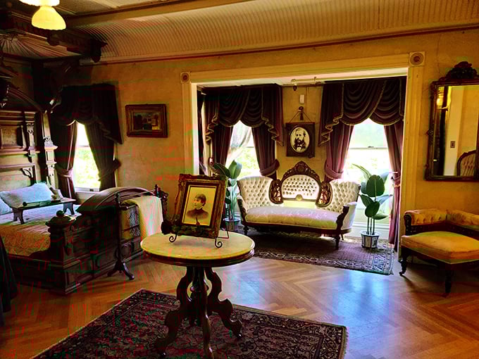 This bedroom demonstrates that even sleeping quarters couldn't escape the house's delightfully eccentric design philosophy.