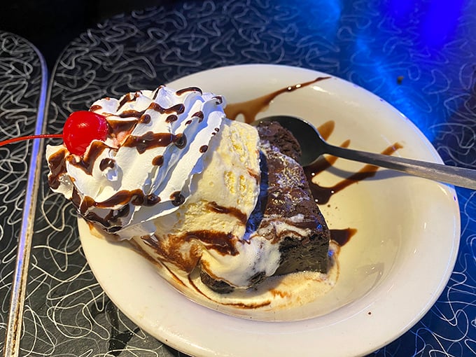 A brownie à la mode that's having an identity crisis—is it breakfast? Dessert? Who cares when warm chocolate meets cold ice cream in perfect harmony.