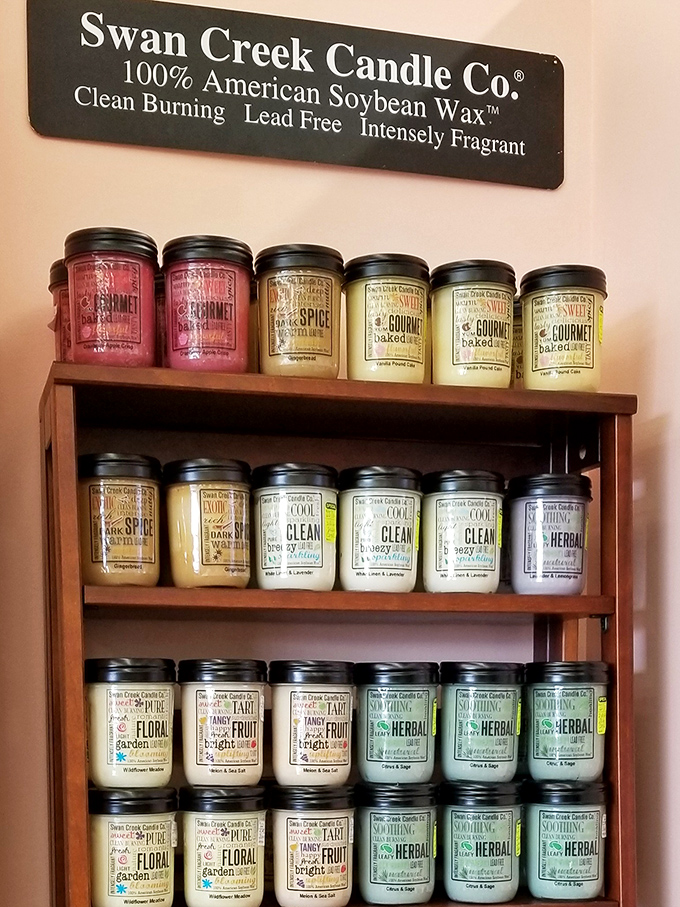 The Swan Creek Candle display – where "I'll just smell one" becomes an hour-long olfactory journey through every season and baked good imaginable.