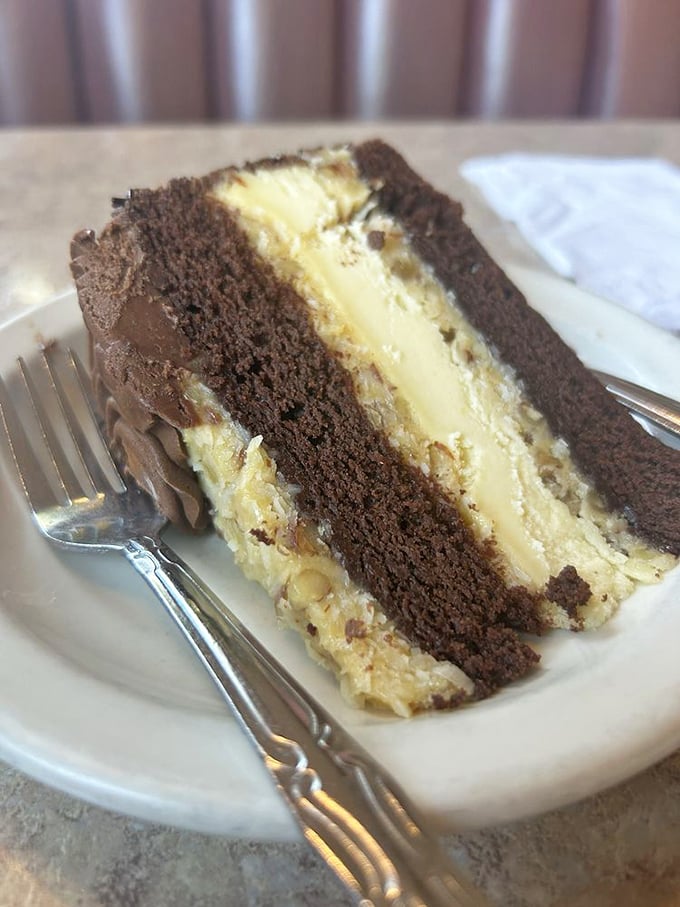This chocolate layer cake with cream filling isn't just dessert—it's architecture, engineering, and art all on one plate.