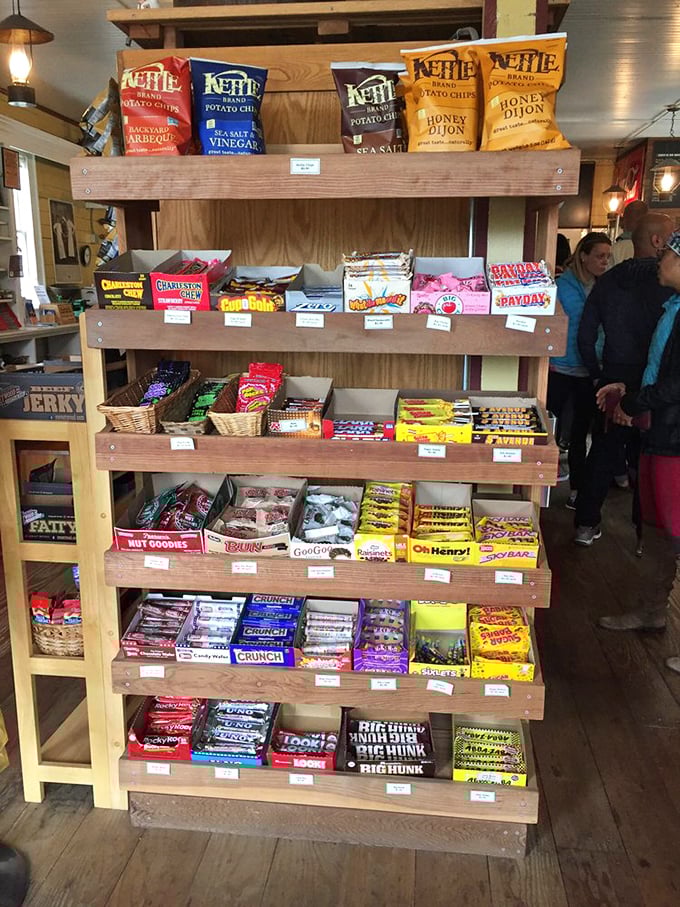The candy aisle that time forgot – nostalgic treats arranged with care, tempting road-trippers to relive childhood one bite at a time.