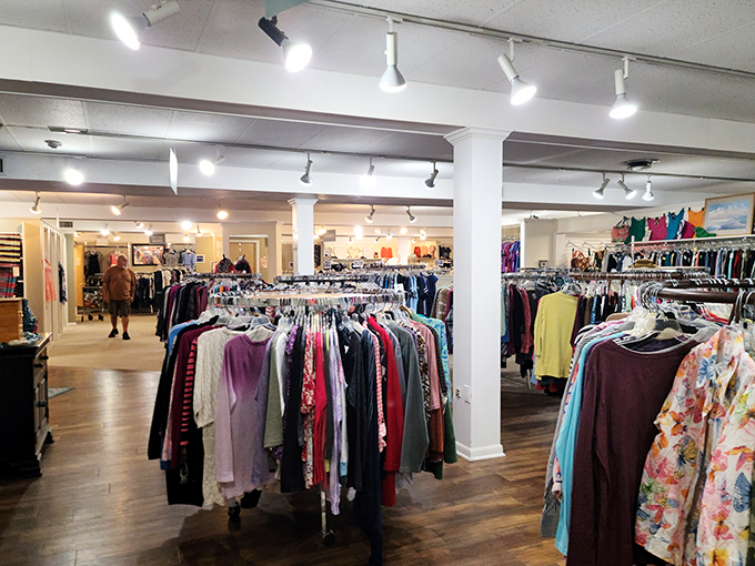 The clothing section: where vintage meets value. More options than your closet has room for, arranged with surprising department store precision.