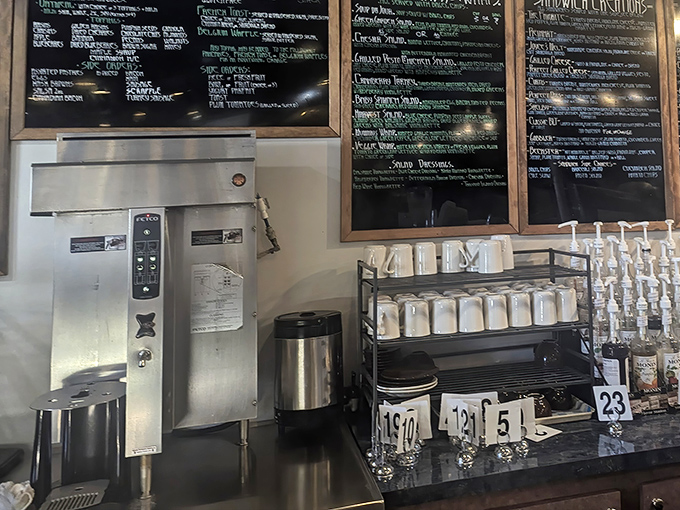 The coffee station—where morning transformation begins and caffeine dreams are fulfilled with military precision and artistic flair.
