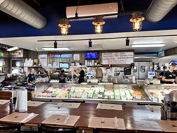 The fish market counter—where tomorrow's dinner meets today's lunch. Fresh doesn't begin to describe it. 