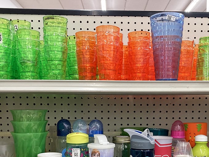 A rainbow of plastic tumblers stands ready to hydrate a small army or supply your next backyard gathering with technicolor refreshment.