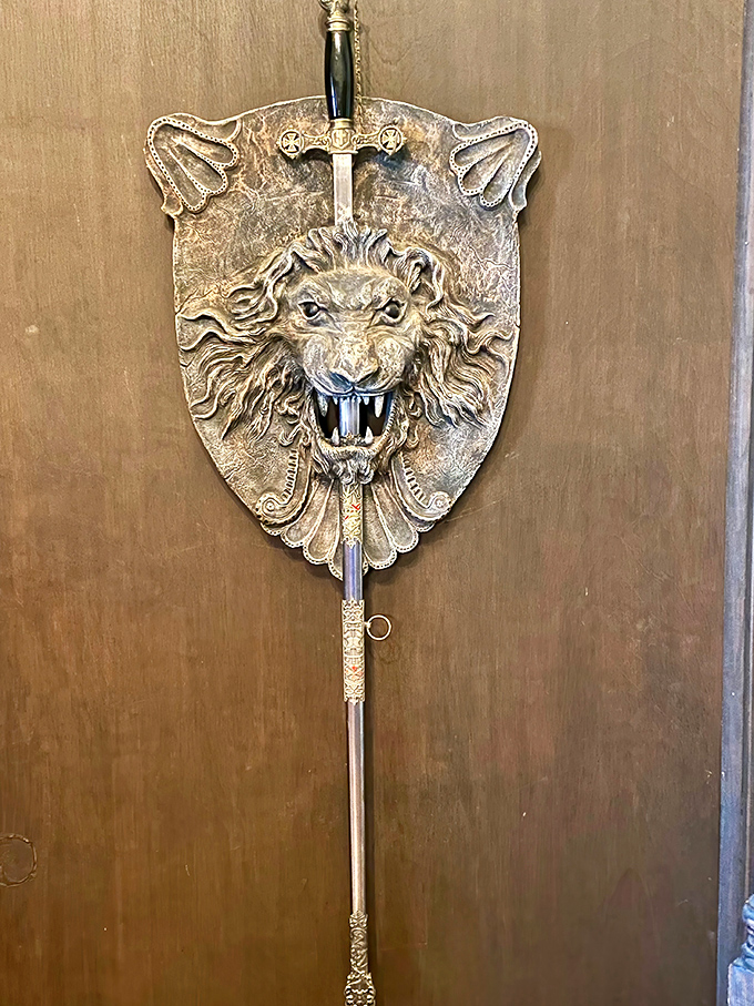 This ornate lion shield and sword display captures the Knights of Pythias spirit—friendship, charity, and benevolence with a dash of medieval flair. 